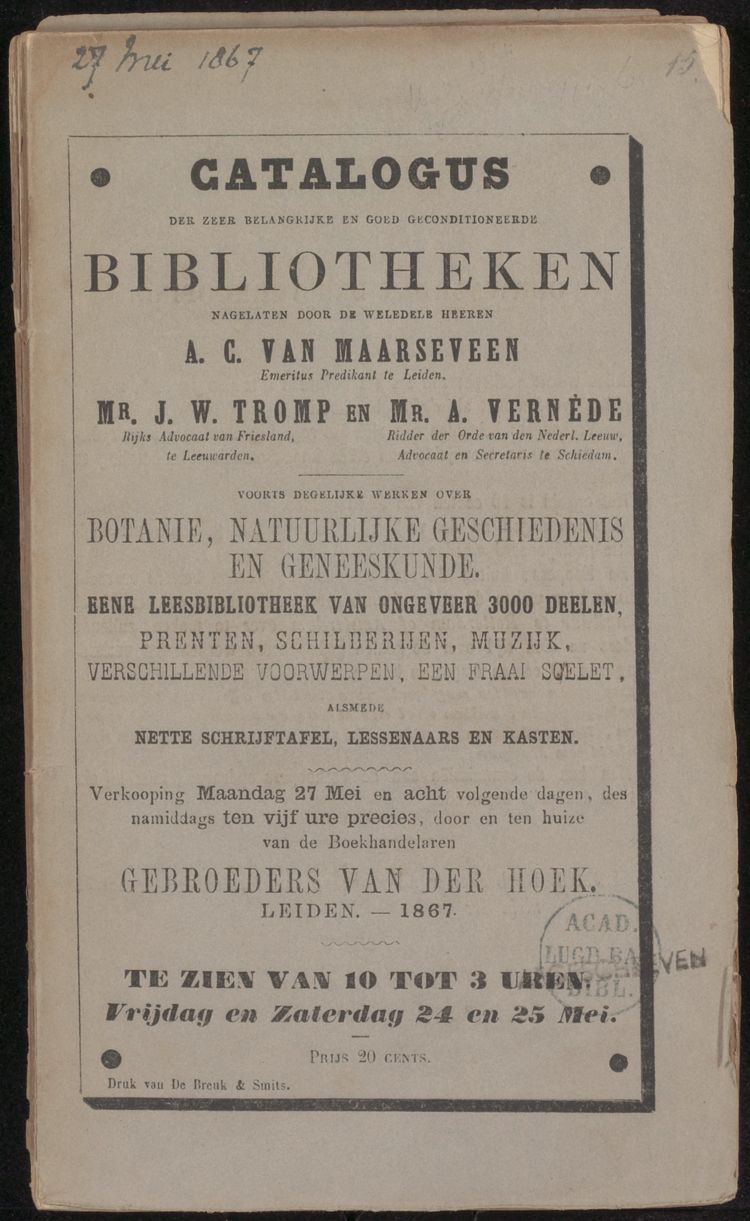 Veilingcatalogus, boeken van A. C. van Maarseveen ... [et al.], 27 mei ...