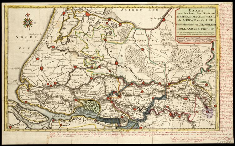 Kaart van den loop der rivieren de Rhijn, de Maas, de Waal, de Merwe ...